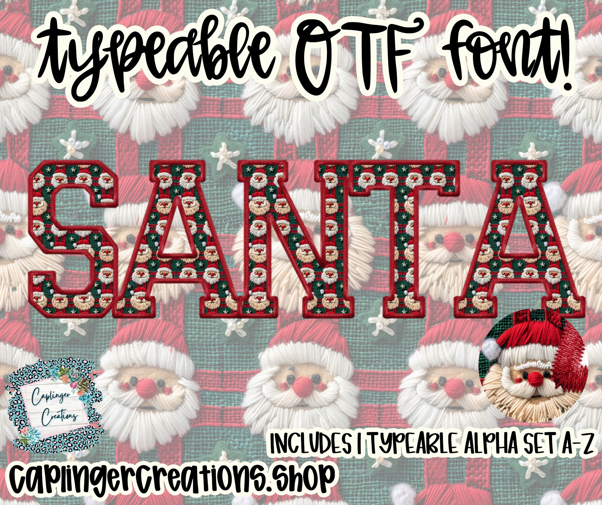 Santa - Faux Embroidery - TYPEABLE OTF FONT + PNGS - Digital download ...